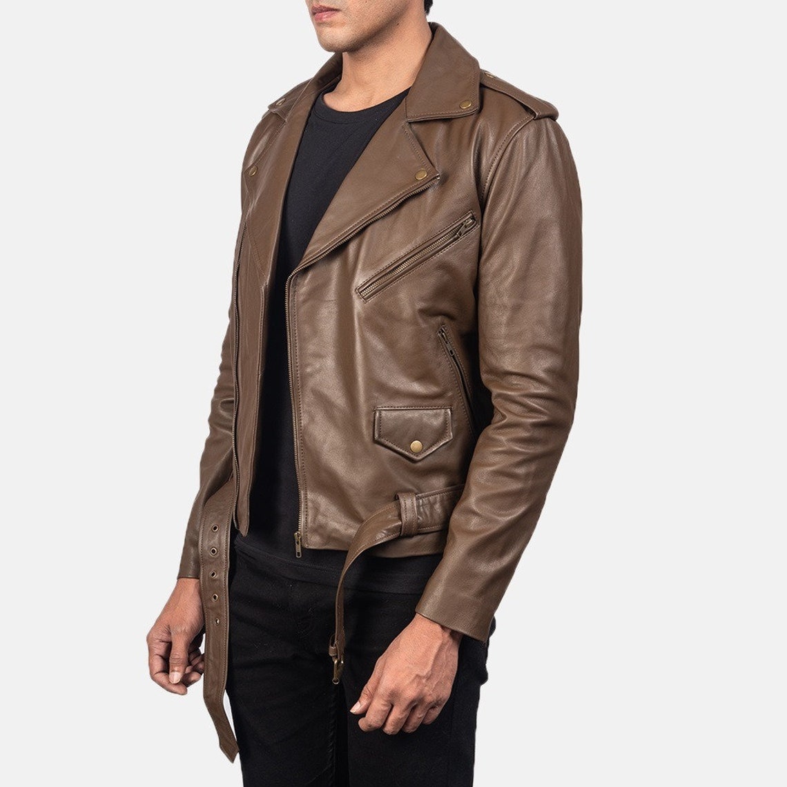 Allaric Alley Mocha Leather Biker Jacket - Etsy