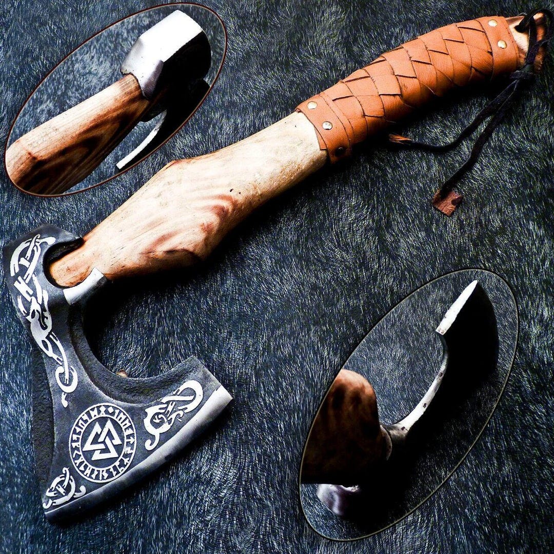 Hand Forged Bearded Viking Axe With Natural Wood Handle and Leather ...