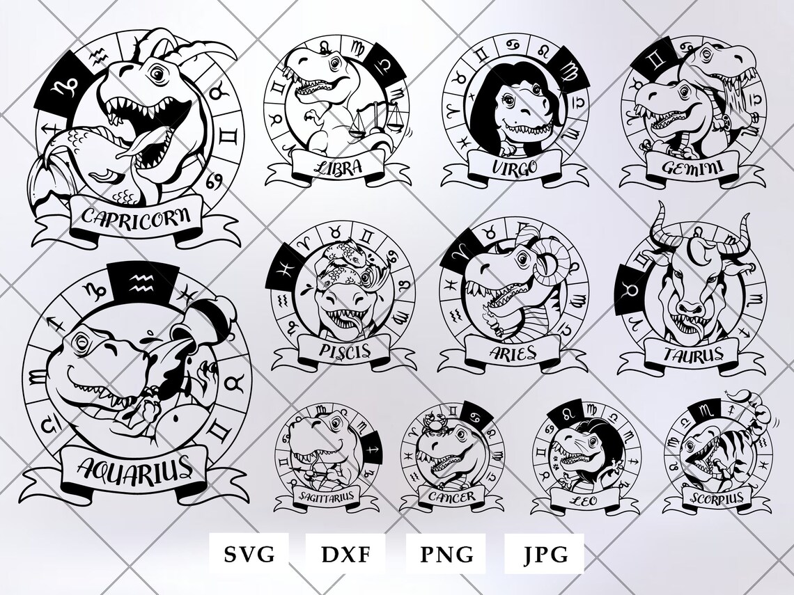 Funny T-rex Zodiac Sign Svg Bundle | Astrology Star Sign - Zodiac ...