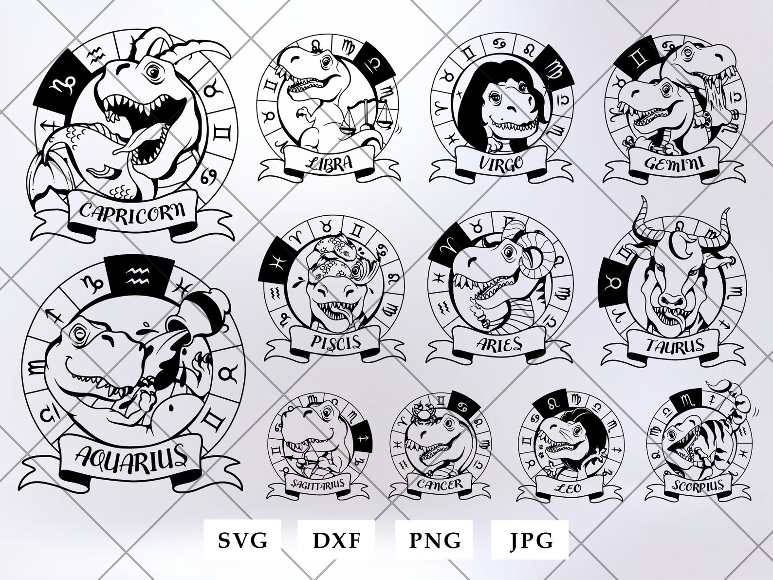Funny T-rex Zodiac Sign Svg Bundle Astrology Star Sign Zodiac ...