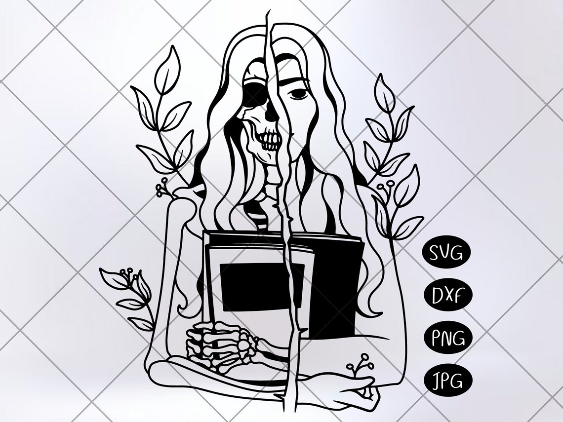 Floral Skeleton Woman Holding Book Svg Book Lover Svg - Etsy