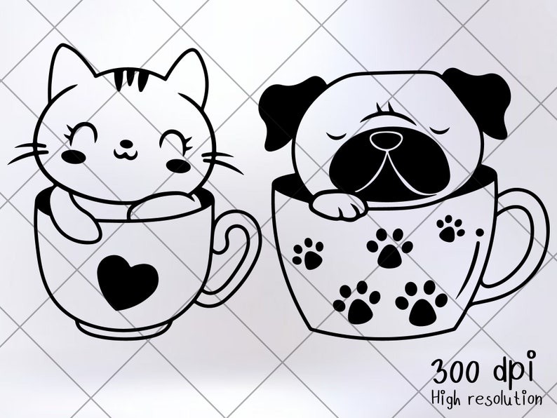 Cute Puppy and Cat in a Teacup Svg | Coffee Pet - Puppy in a Teacup Svg ...