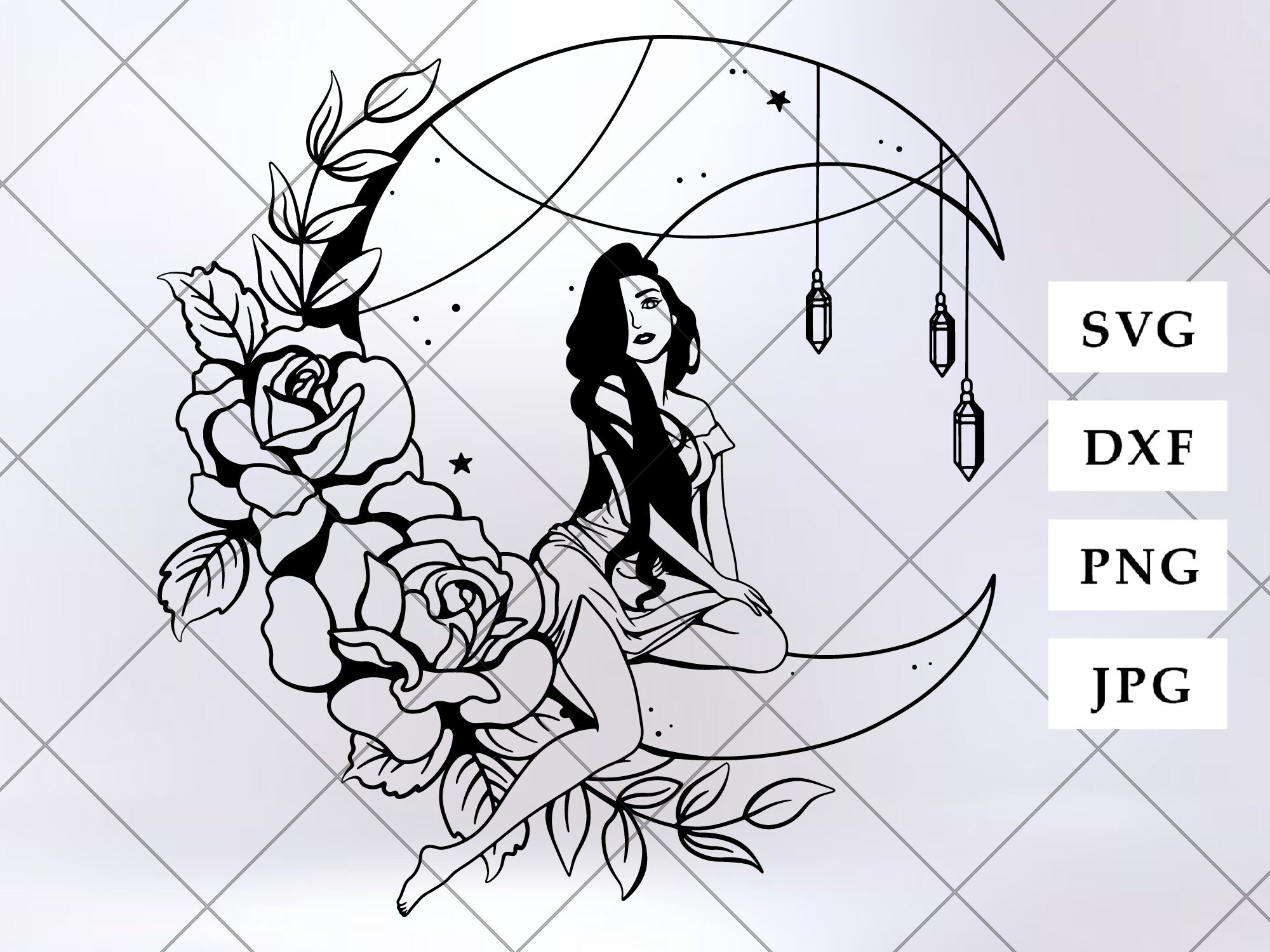 Beautiful Moon Girl Girl Sit on the Moon Moon Woman Floral Moon Woman ...