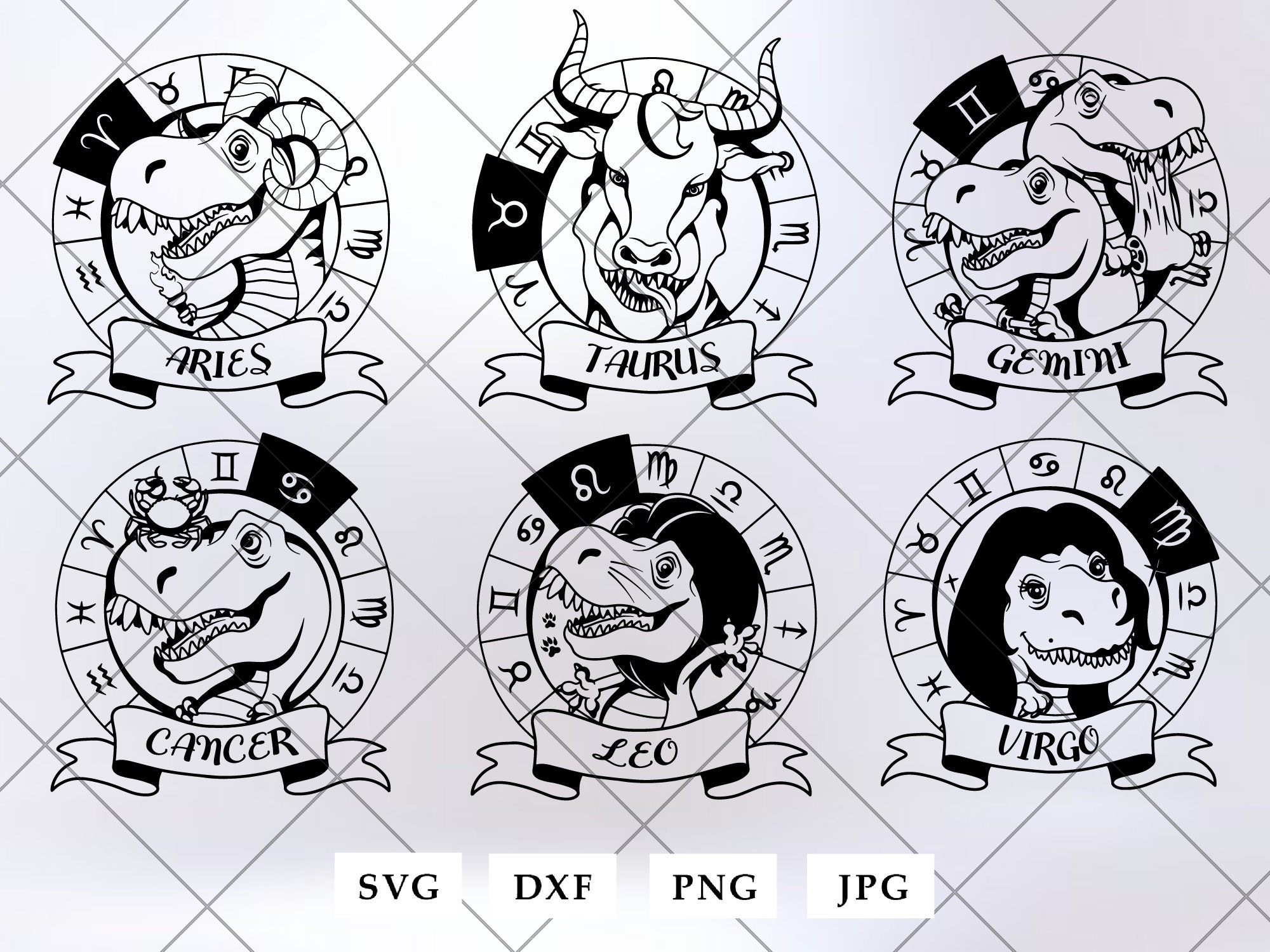 Funny T-rex Zodiac Sign Svg Bundle | Astrology Star Sign - Zodiac ...