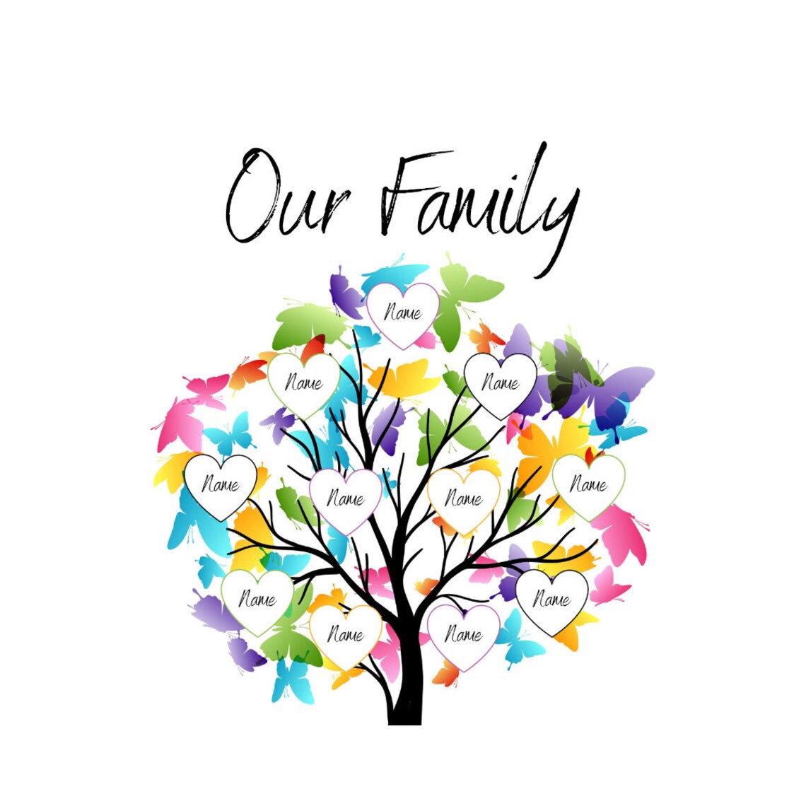 Printable A4 Wall Art Family Tree Rainbow Butterflies Digital Prints ...