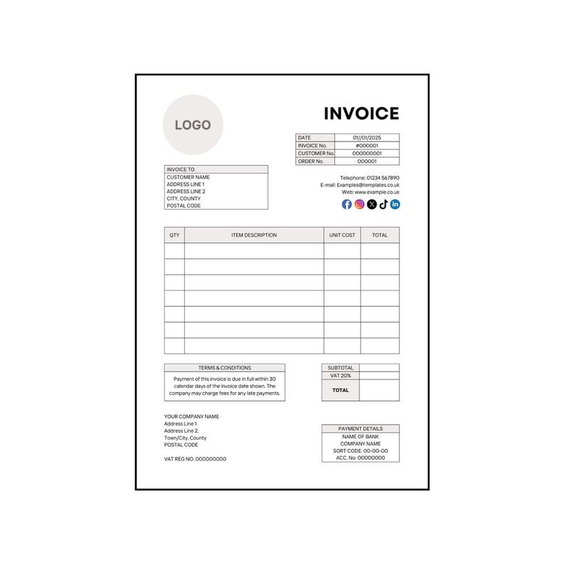 Editable Invoice Template for Small Businesses, Digital Download Print ...