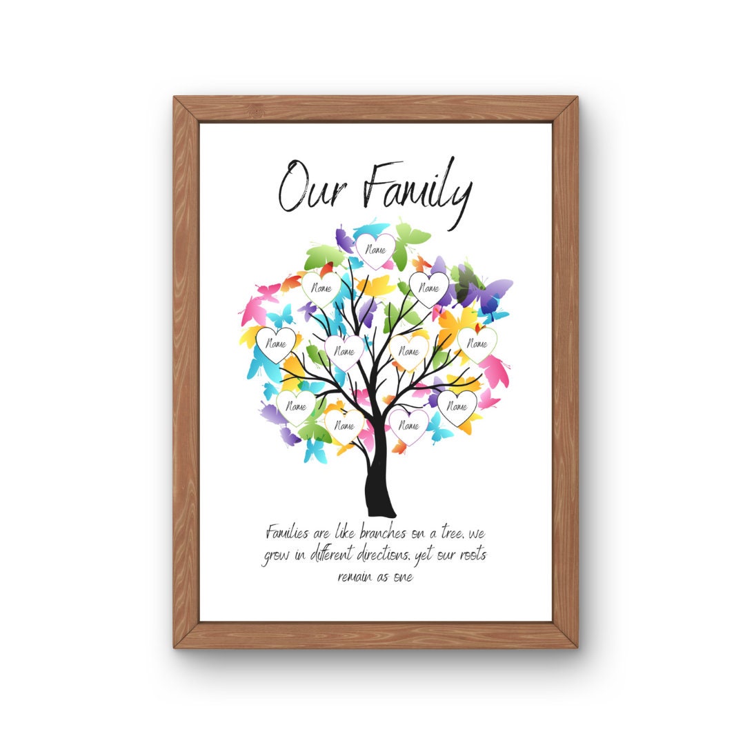 Printable A4 Wall Art Family Tree Rainbow Butterflies Digital Prints ...