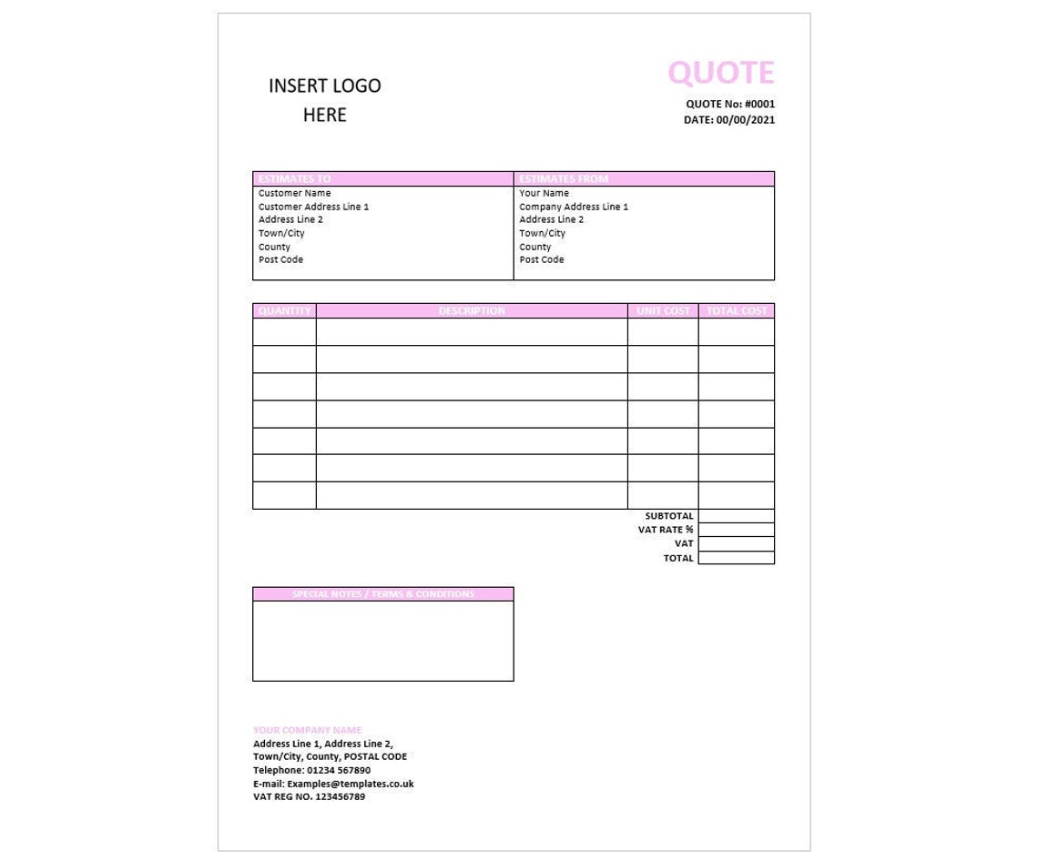 Pink Quote Template | Printable Business Form (PDF & Word) - Etsy