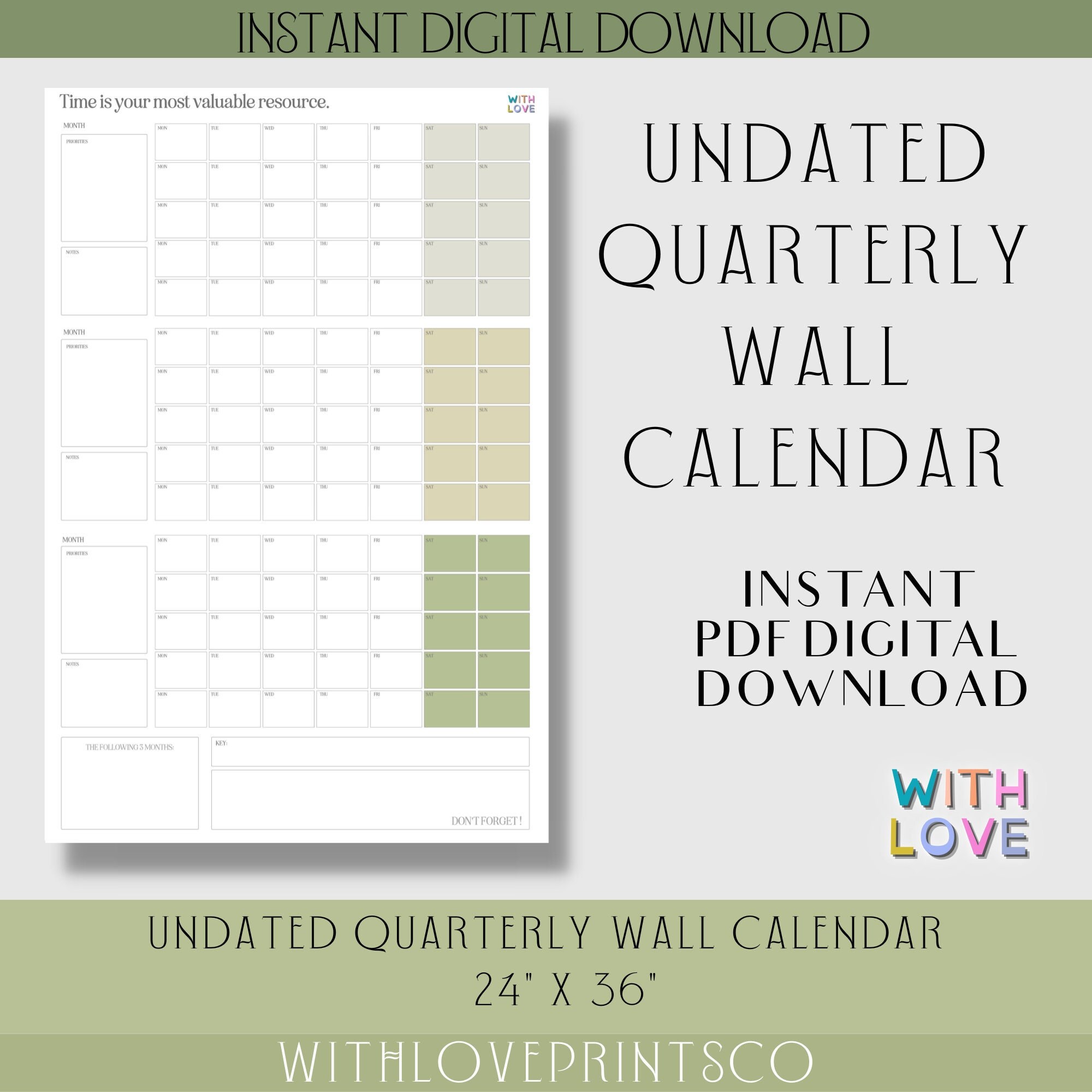 Quarterly Undated Wall Calendar | Instant Digital Download |3 Months ...