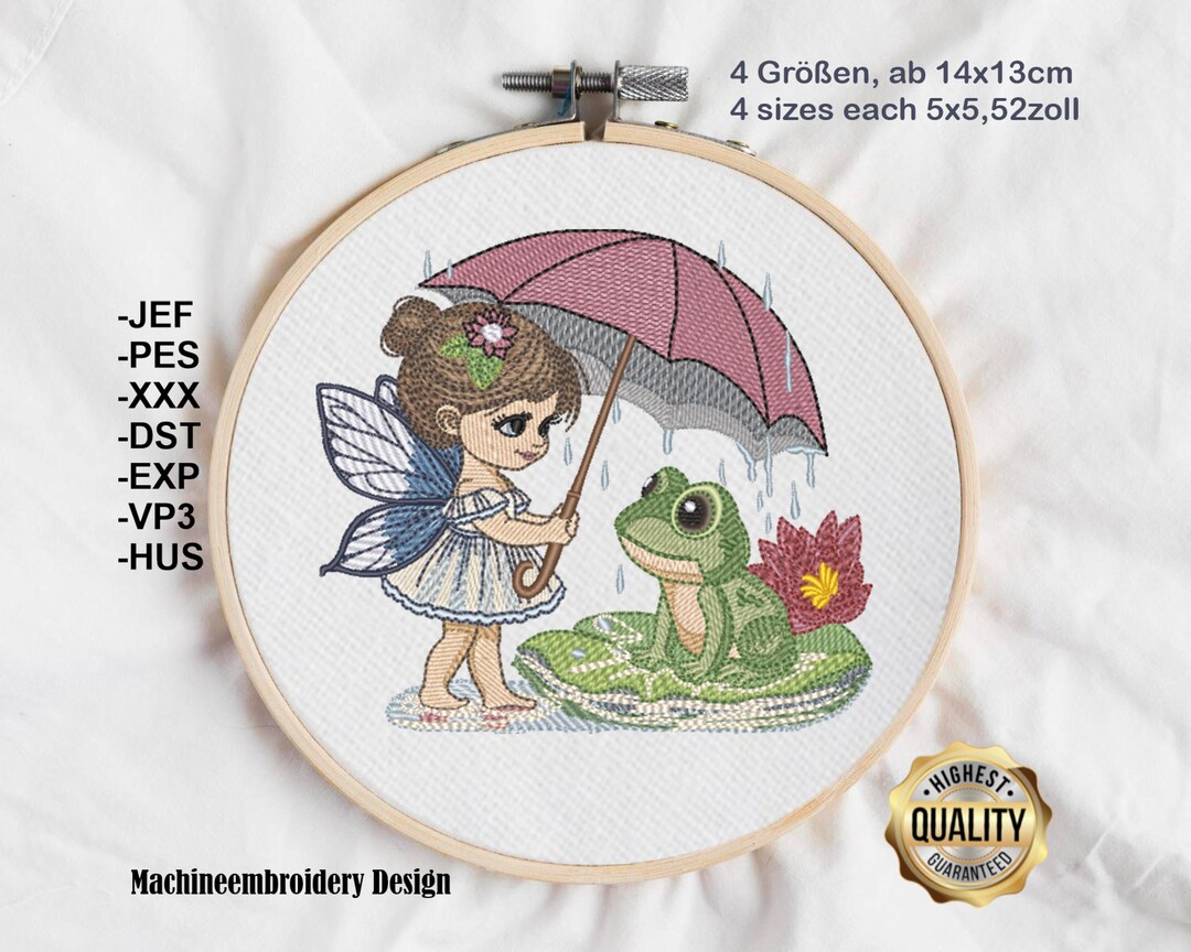 Embroidery Girl With Frog in the Rain/ Embroidery File Girl With Frog ...