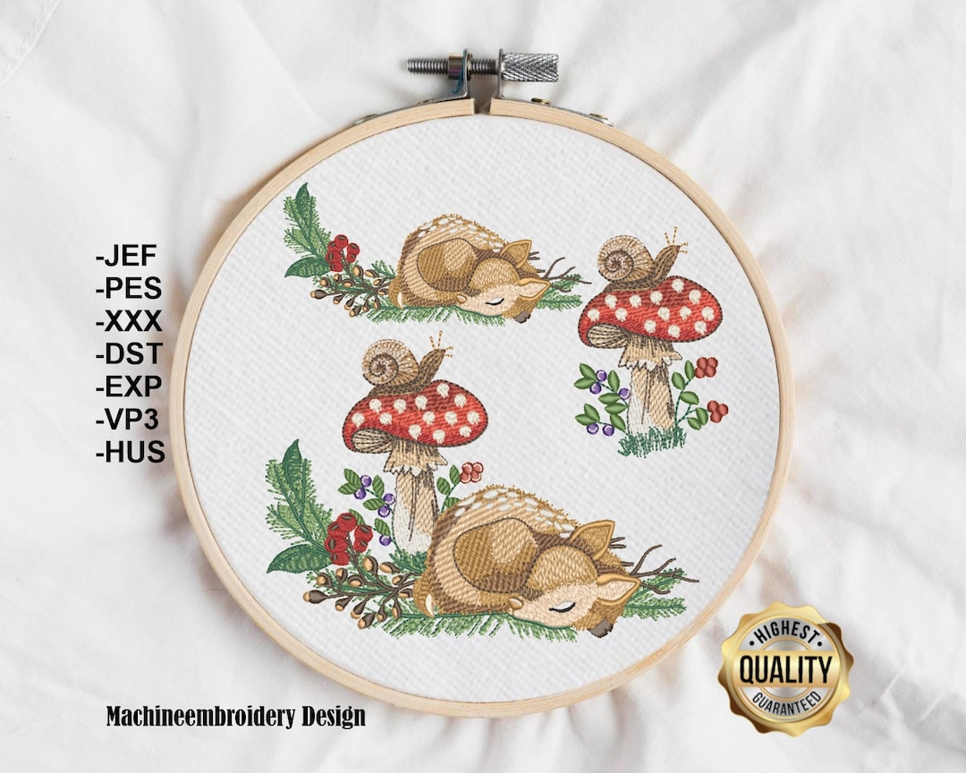 Embroidery Fawn With Mushroom and Slug/ Stickdatei Rehkitz Mit Pilzen ...