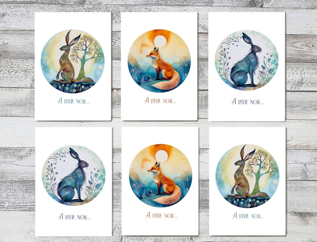 Blank Notelets Pack, 6 Handmade Cards, Ethereal Animals, Fox, Hare ...