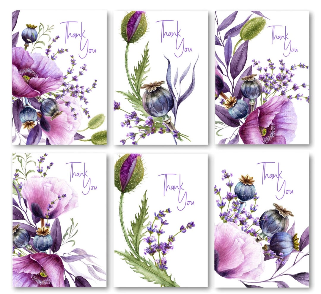Thank You Card Pack 6 Handmade Cards Purple Poppy and Lavender - Etsy ...