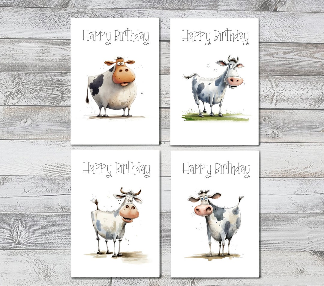 Funny Birthday Card Pack, Funny Cows, Cartoon Cow Characters, 4 ...