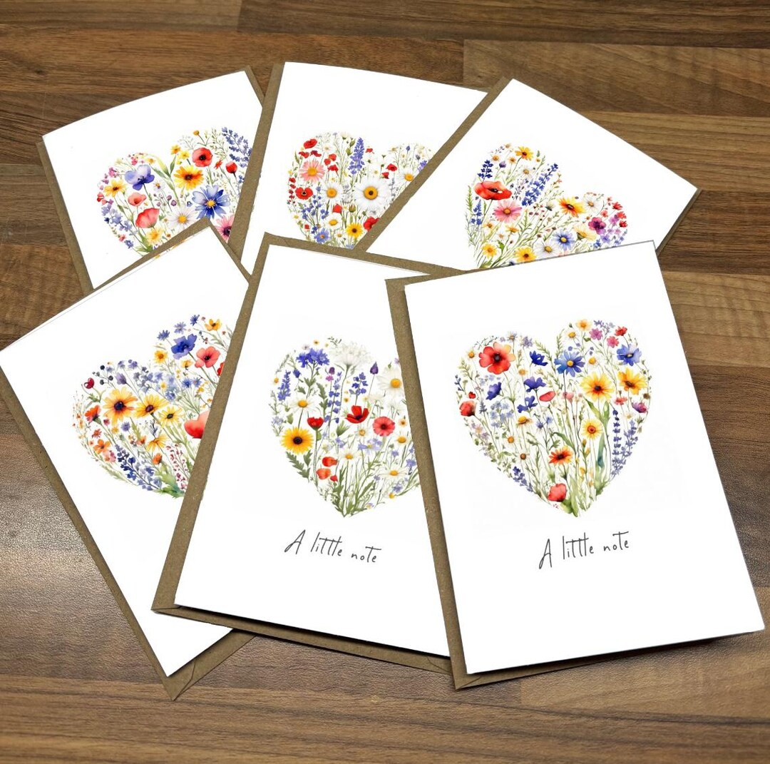 Blank Notelets, Beautiful Watercolour Style Wild Flower Heart ...