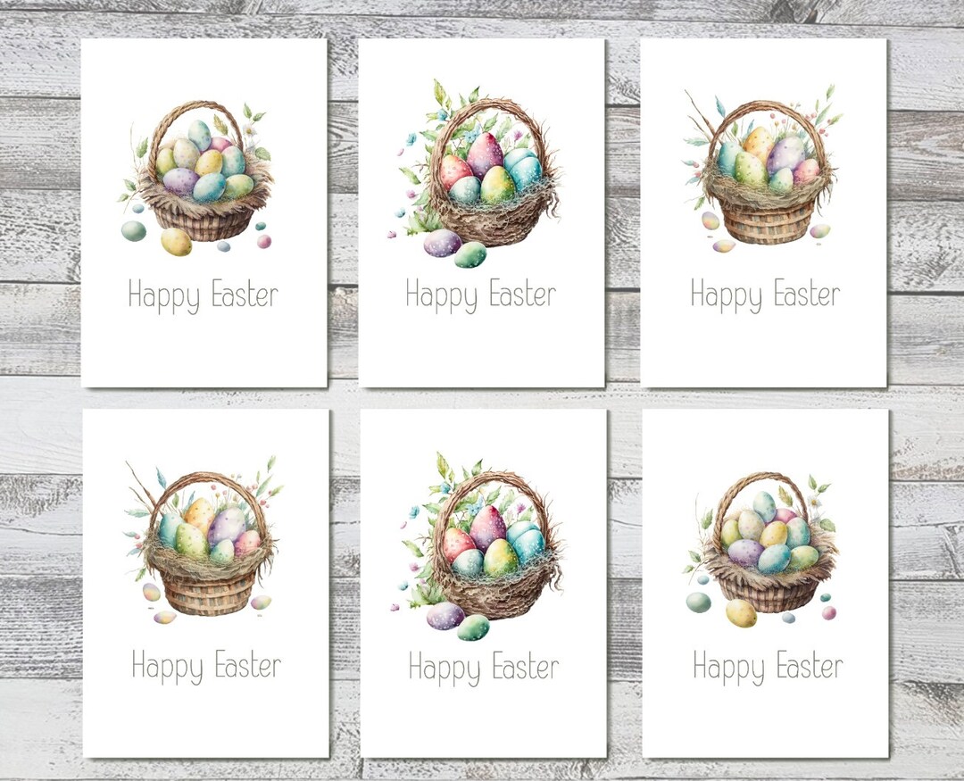 Easter Card Pack, Handmade Cards, 6 Pretty Watercolour Easter Basket ...