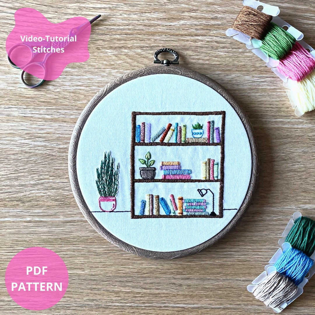 Book Embroidery Pattern | Library Embroidery | Bookshelf | Bookcase ...