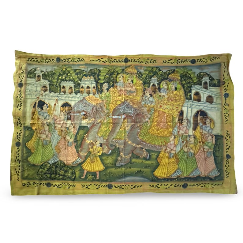 Vintage Antique Indian Mural Painting Cloth Linen Silk Royal Procession ...