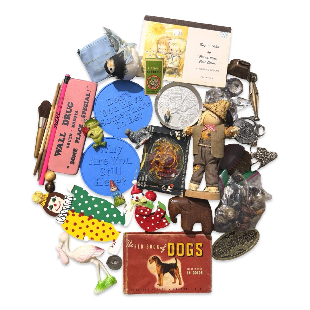 Vintage Unique Kitsch Junk Drawer Decor Buttons Clown Books Keychains ...