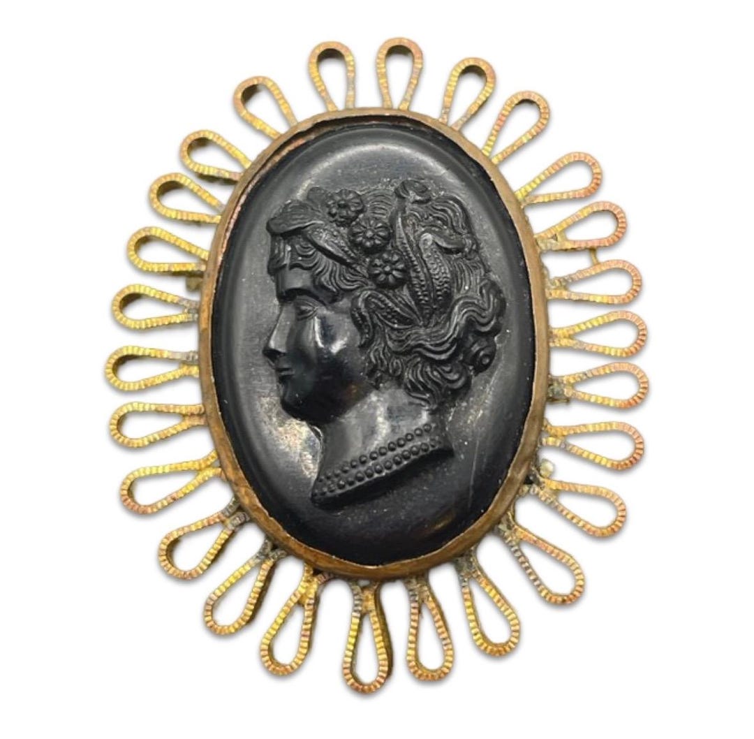 Unique Vintage Cameo Brooch Pin Black Gold Female Face Flowers Hair - Etsy