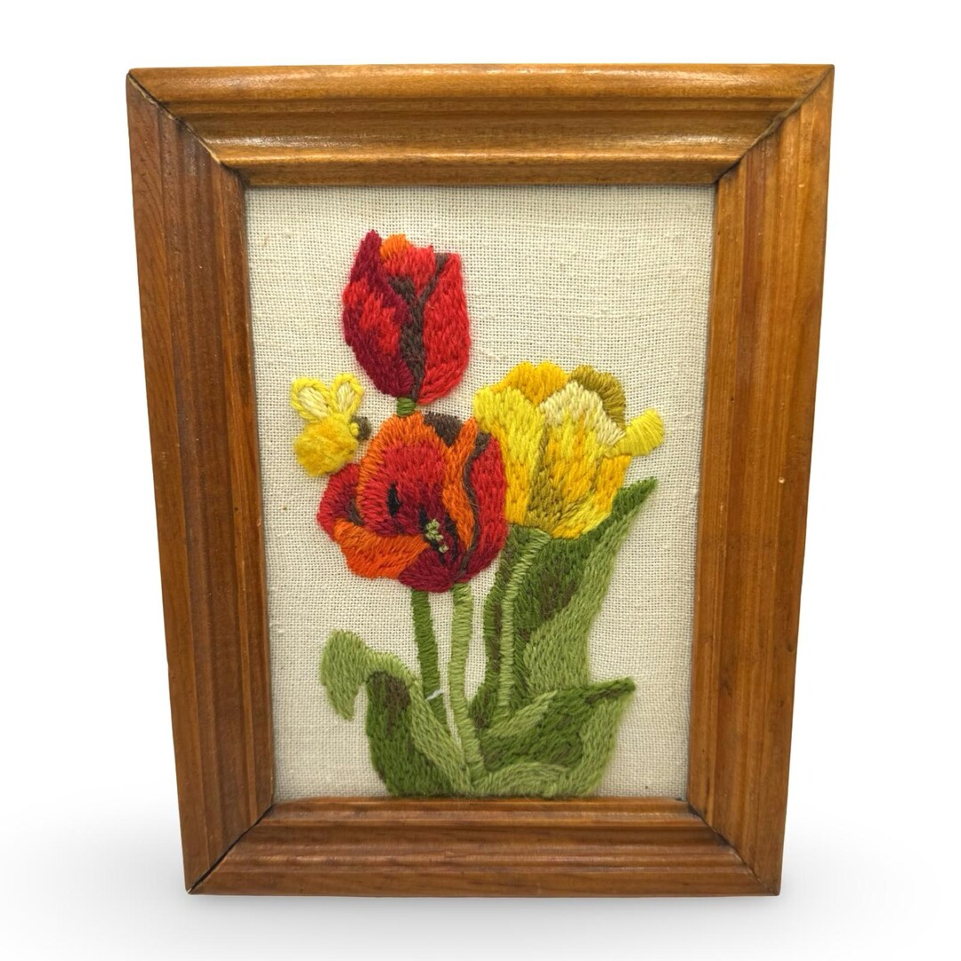 Vintage 70s Kitsch Bold Colorful Crewel Tulip Bee Embroidery Art Framed ...