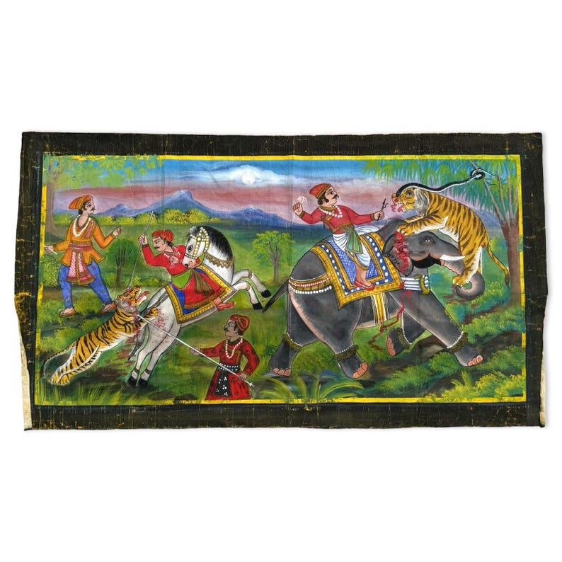 Vintage Antique India Hunting Scene Fabric Mughal Painting Elephant ...