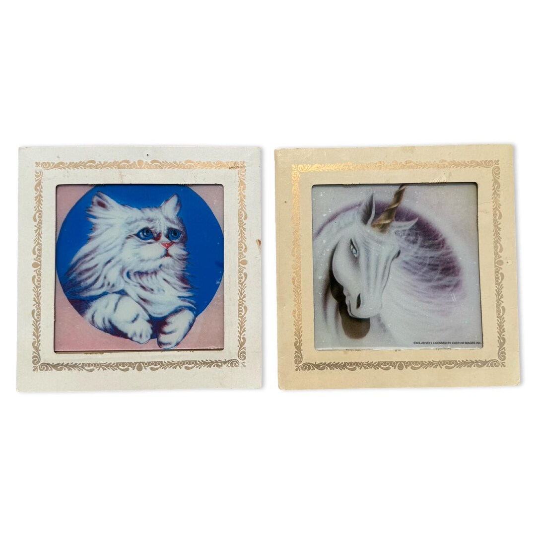 Vintage 80s Carnival Prize Cat Unicorn Square Glass Art Theme Park Fair ...
