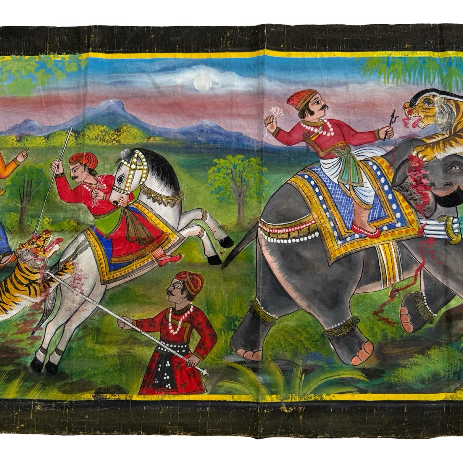 Vintage Antique India Hunting Scene Fabric Mughal Painting Elephant ...