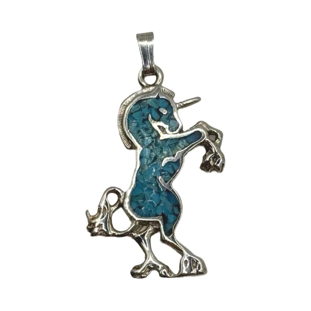 Unique Silver Blue Turquoise Chips Inlay Unicorn Pegasus Pendant Charm ...