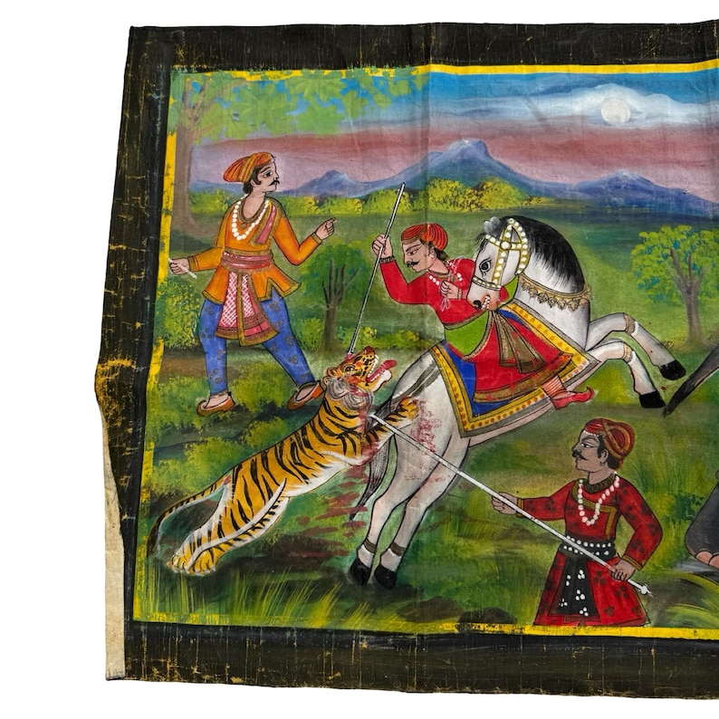 Vintage Antique India Hunting Scene Fabric Mughal Painting Elephant ...
