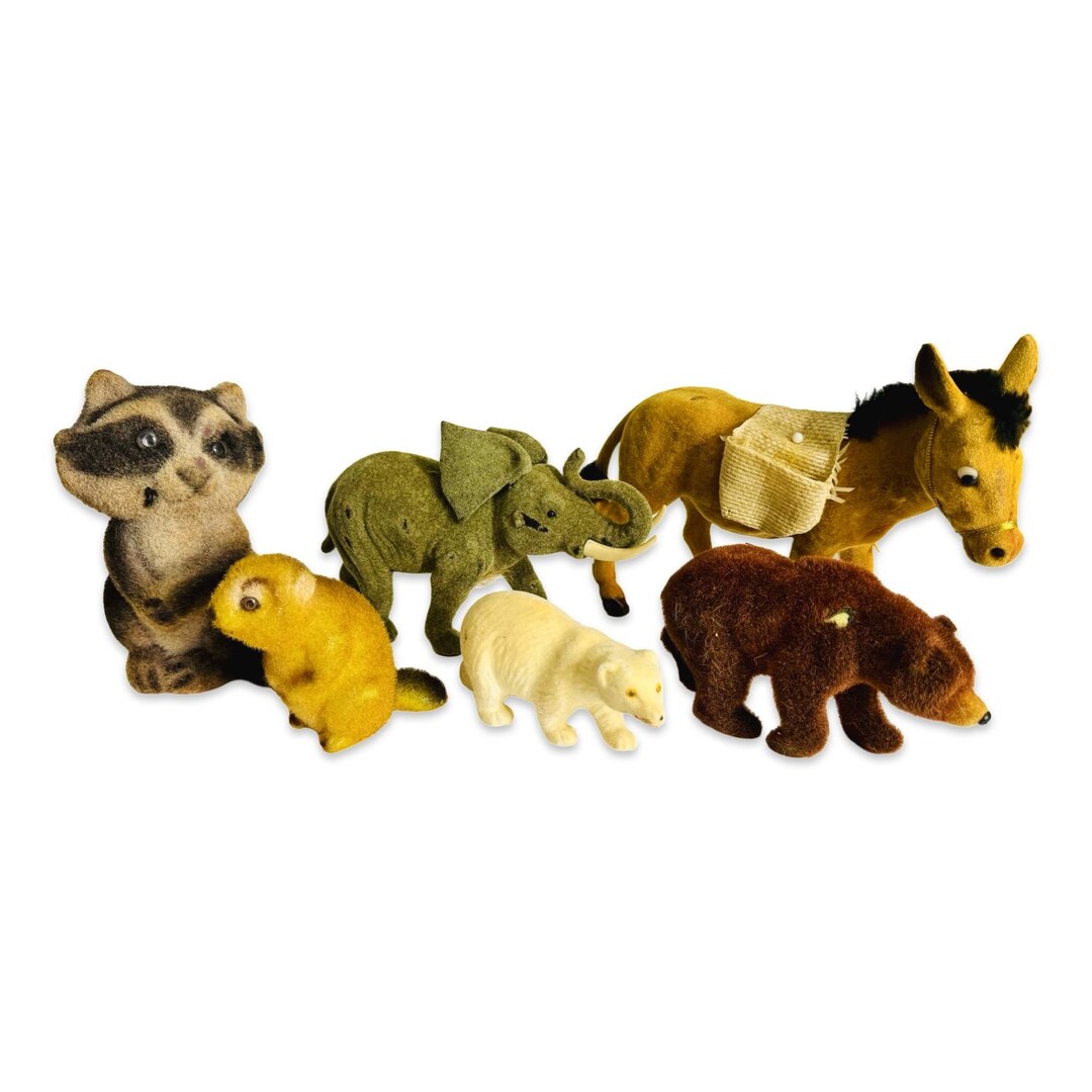 Vintage 70s Flocked Animals Donkey Raccoon Elephant Bear Toys Decor - Etsy