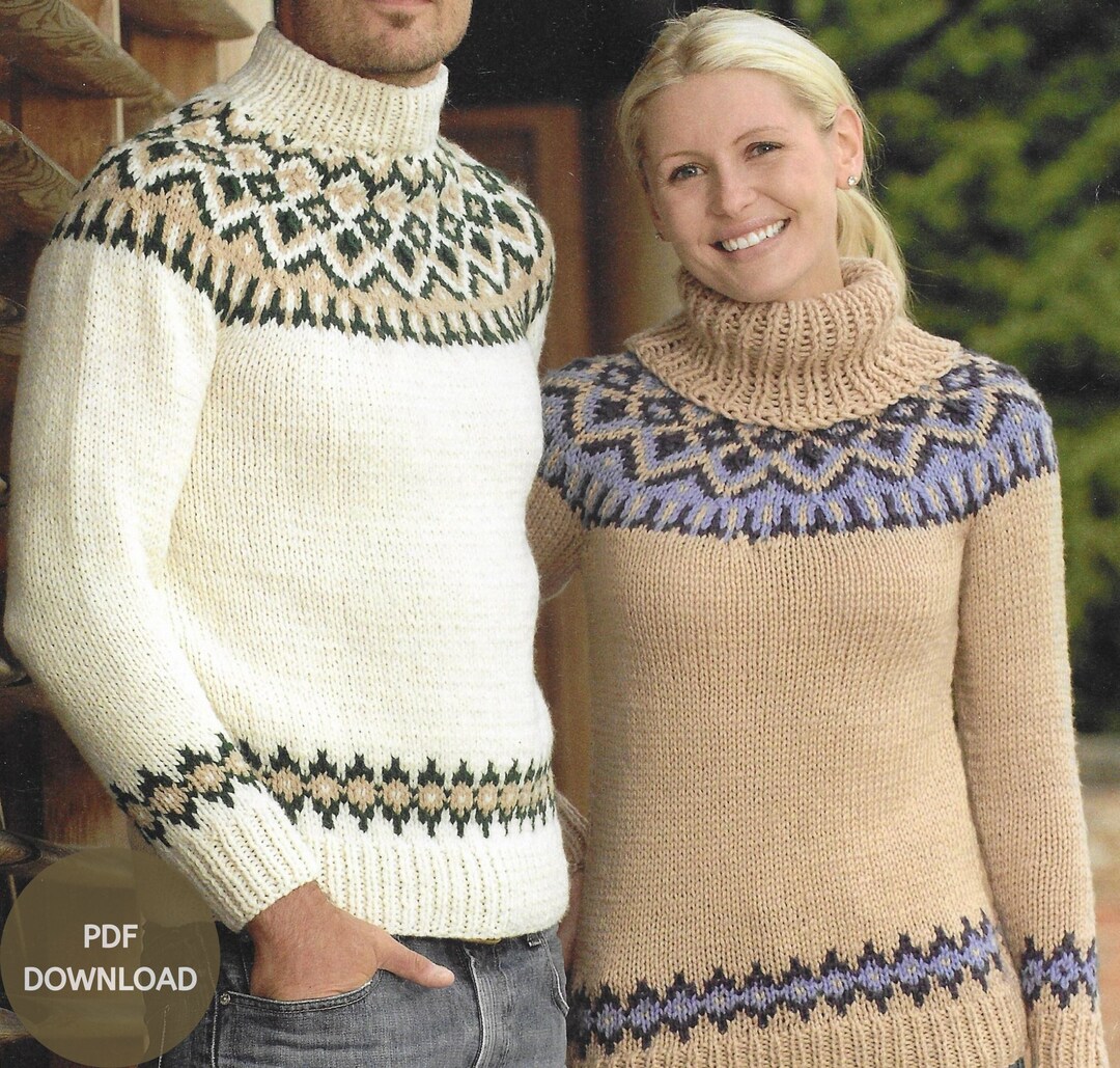 Ladies & Mens Fair Isle Yoke Sweater Knitting Pattern PDF • 32-46"/81 ...