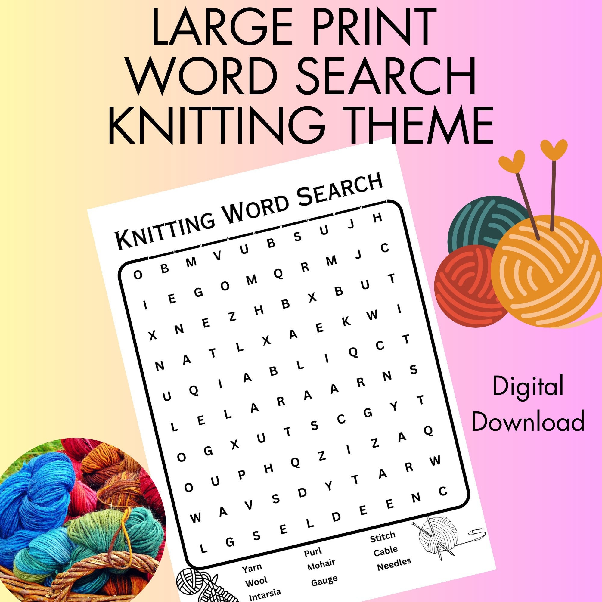 Knitting Word Search Printable, Digital Download, Large Print, With ...