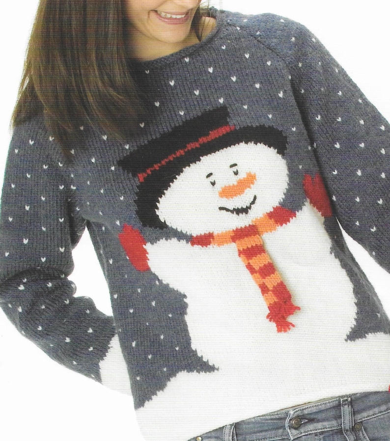 Christmas Snowman Ladies Sweater Knitting Pattern Women, Girls Festive Jumper Wendy Aran 30-48 ...