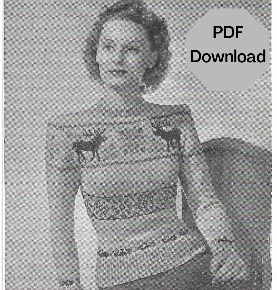 Ladies Christmas 1940s Knitting Pattern • Womens Reindeer Fair Isle Sweater 36-37" • PDF Instant ...