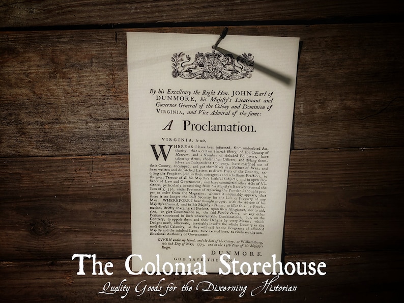 1775 Earl of Dunmore Proclamation at Williamsburg, VA - Etsy