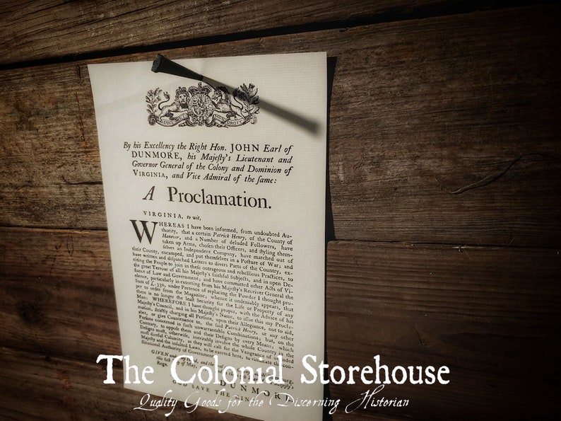 1775 Earl of Dunmore Proclamation at Williamsburg, VA - Etsy