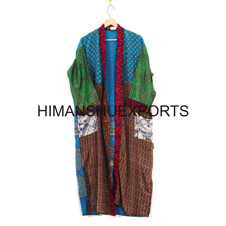 Boho Patchwork Silk Kimono Robe Silk Kimono With Belt Women Dressing ...