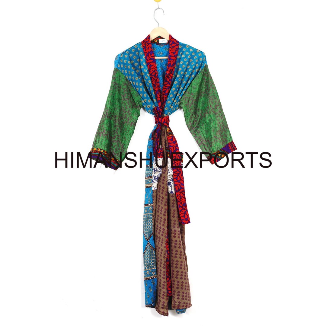 Boho Patchwork Silk Kimono Robe Silk Kimono With Belt Women Dressing ...