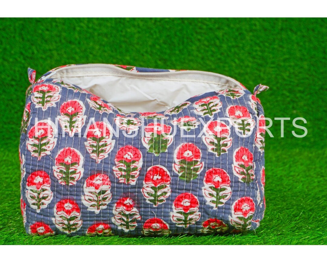Hand Block Floral Quilted Cotton Large Makeup Bag Women Cosmetic Bag