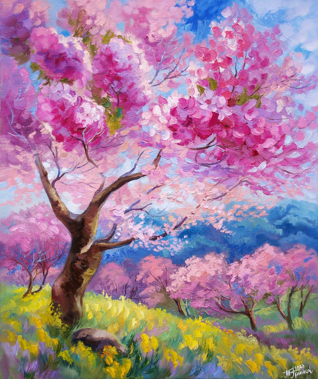 Spring Landscape Art Cherry Blossom Oil Painting on Canvas Pink Sakura ...