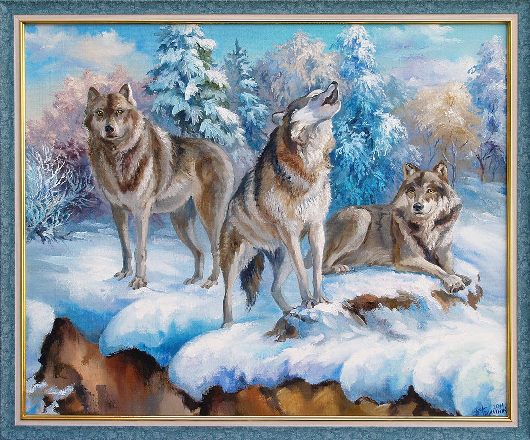 Wolves Oil Painting Winter Wolves Painting Wall Art Animals Painting on ...