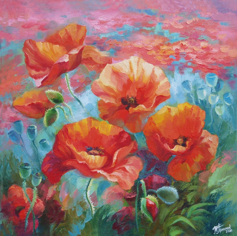 Red Flowers Field Oil Painting Fine Art Flower Painting on Canvas ...