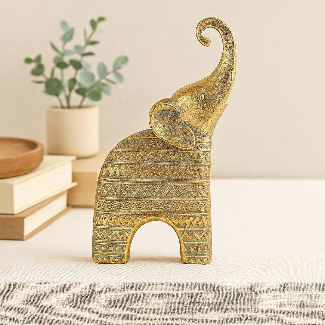 Gold Elephant Figurine | Boho Animal Statue | Lucky Elephant Decor for ...