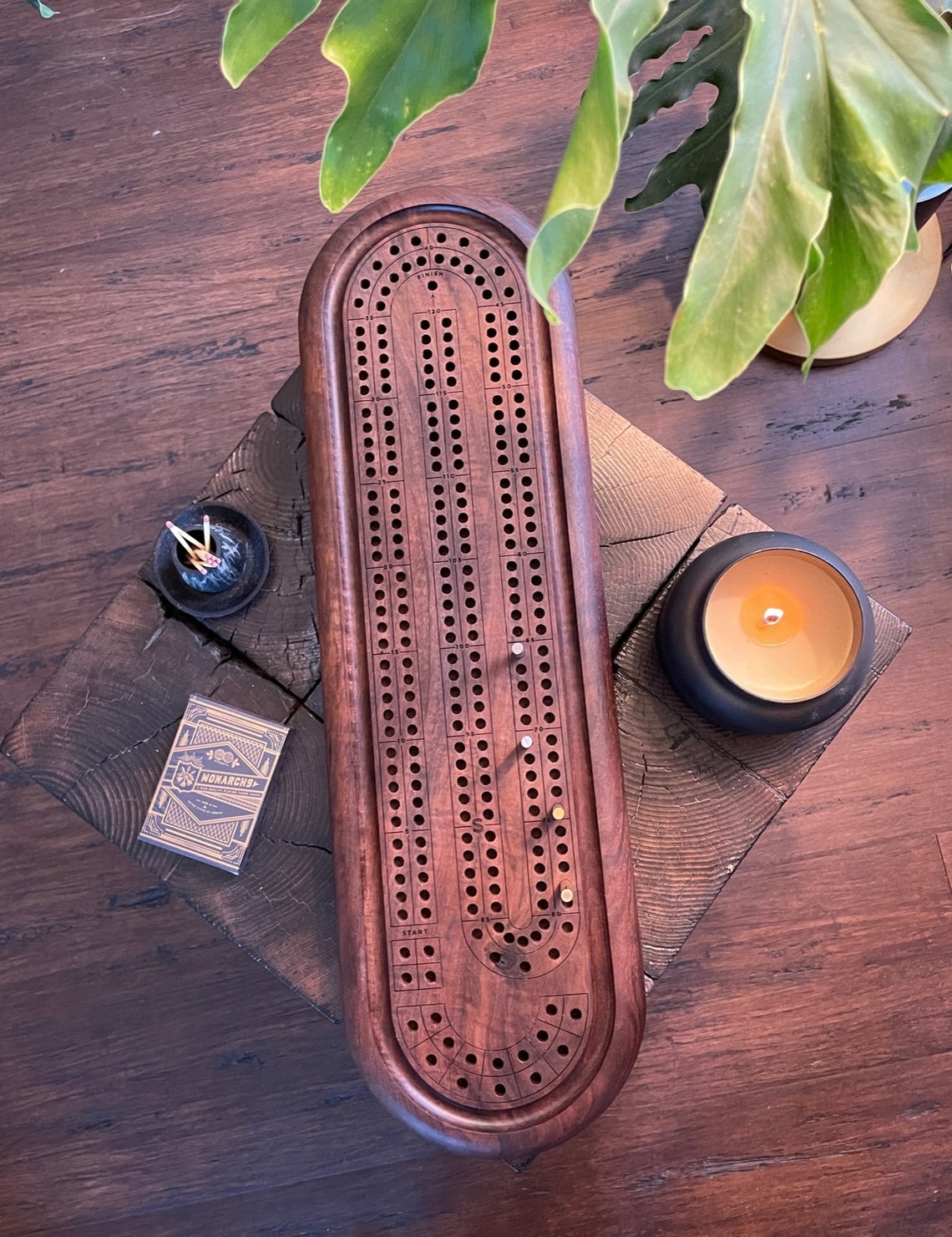 Handcrafted Black Walnut Cribbage Board - Brass & Stainless Steel Pegs ...