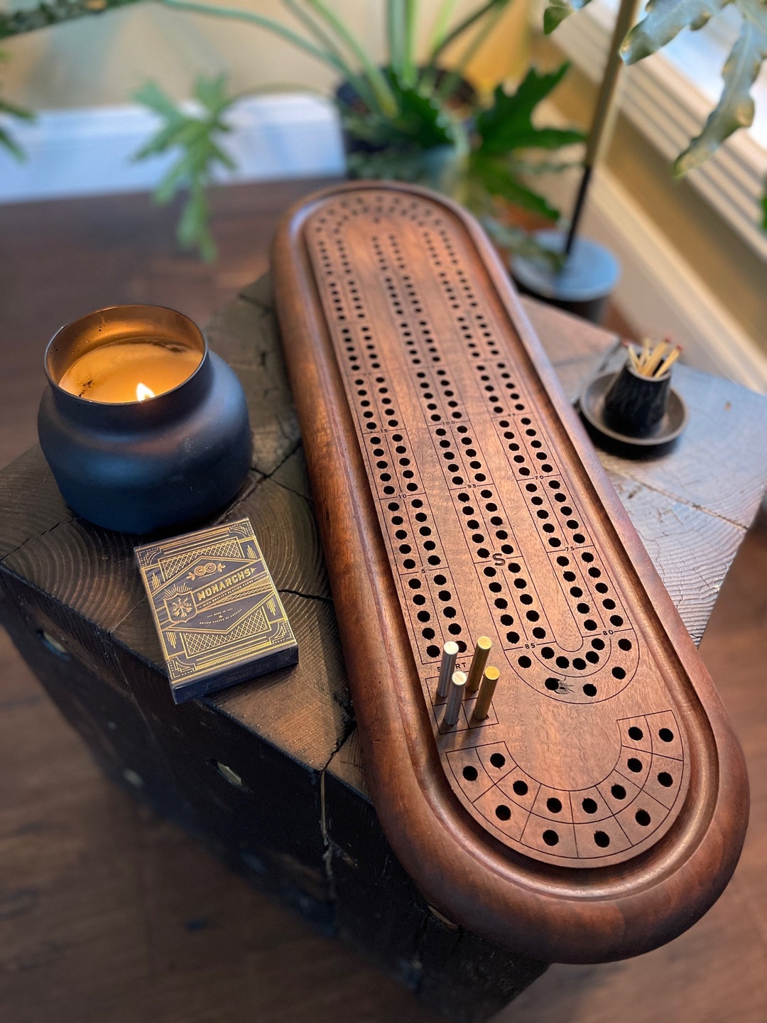 Handcrafted Black Walnut Cribbage Board - Brass & Stainless Steel Pegs ...