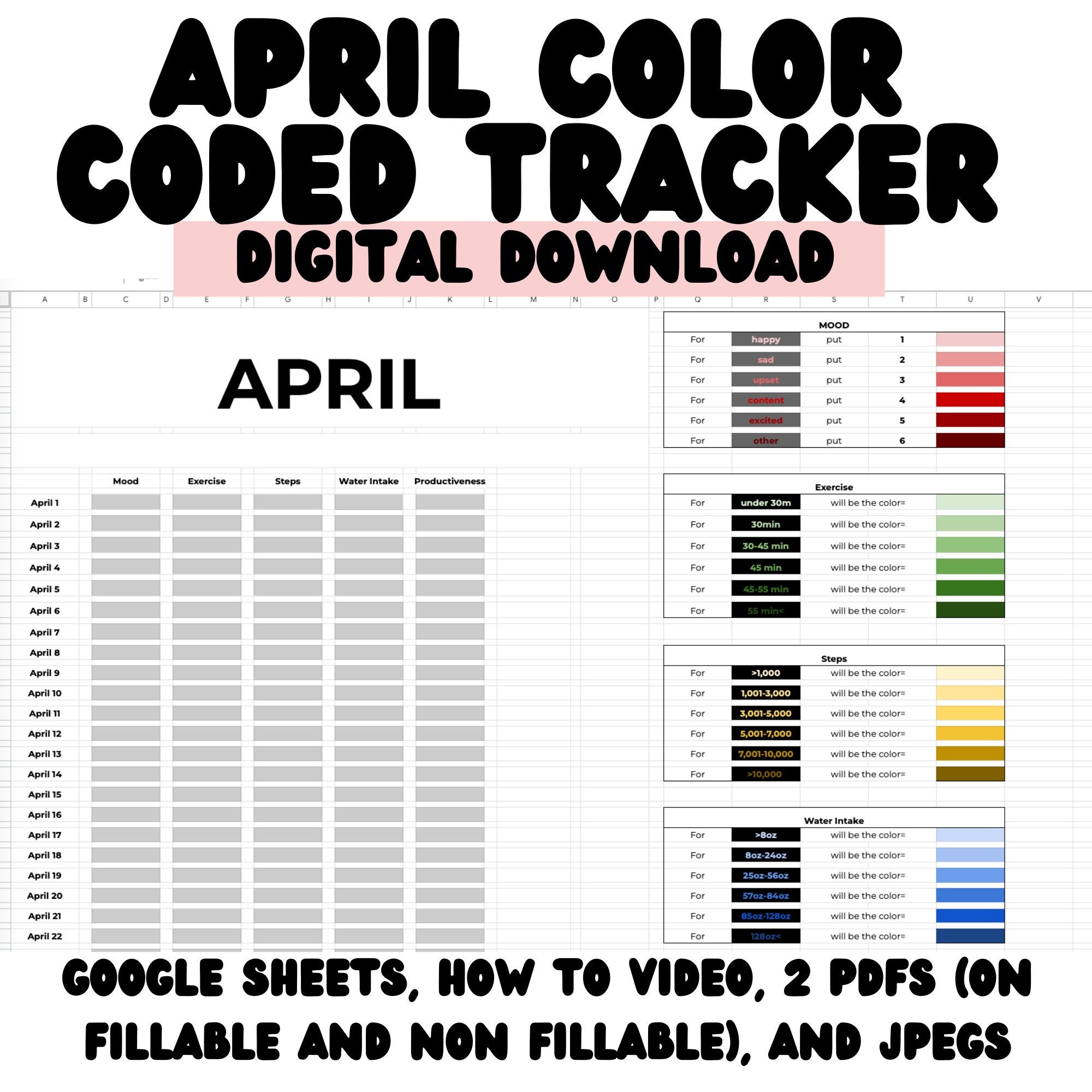 Color Coded Tracker for Mood, Exercise, and More april - Etsy