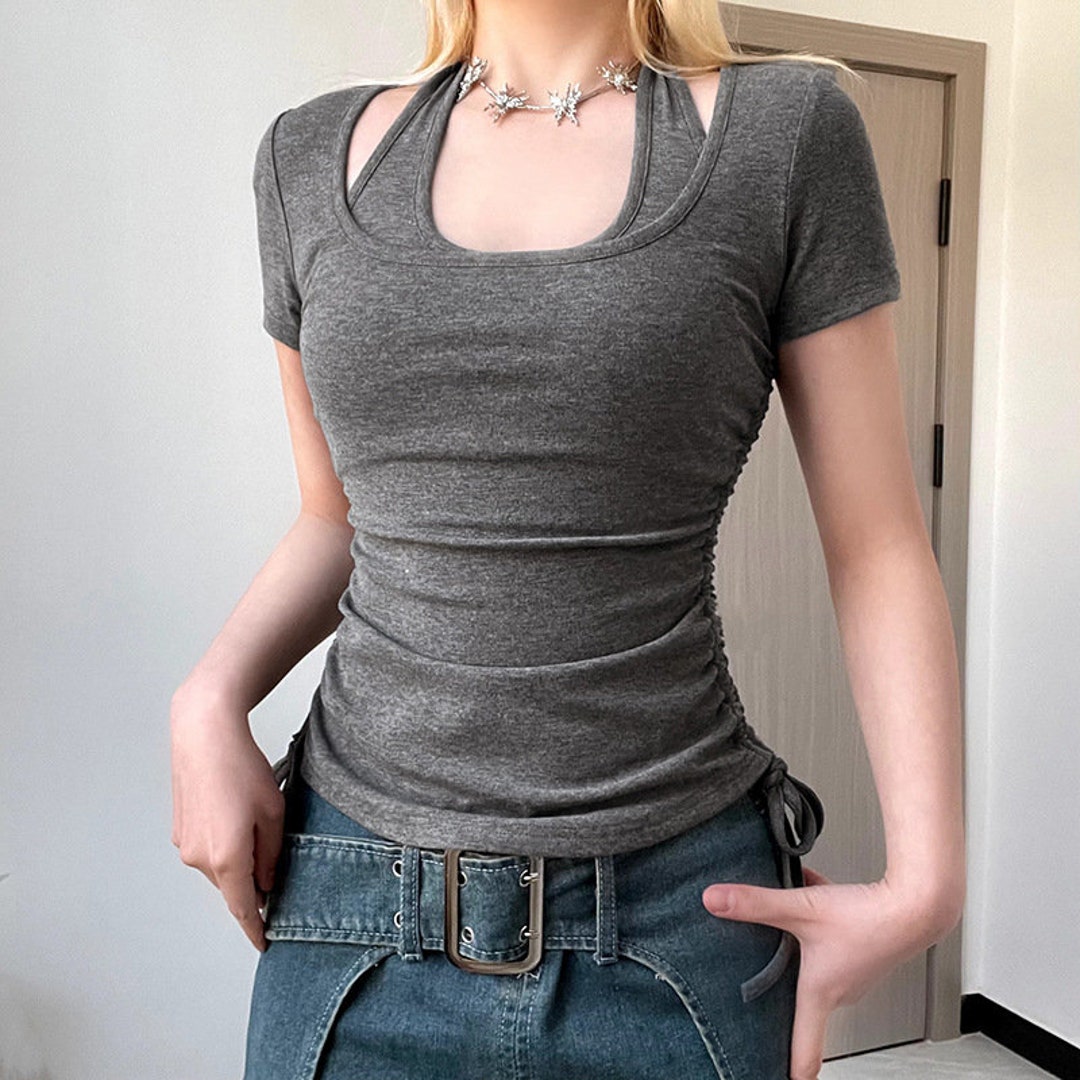 Y2K Top 2000s Gray Simple Two-piece Set Hanging Neck Basic Top - Etsy ...