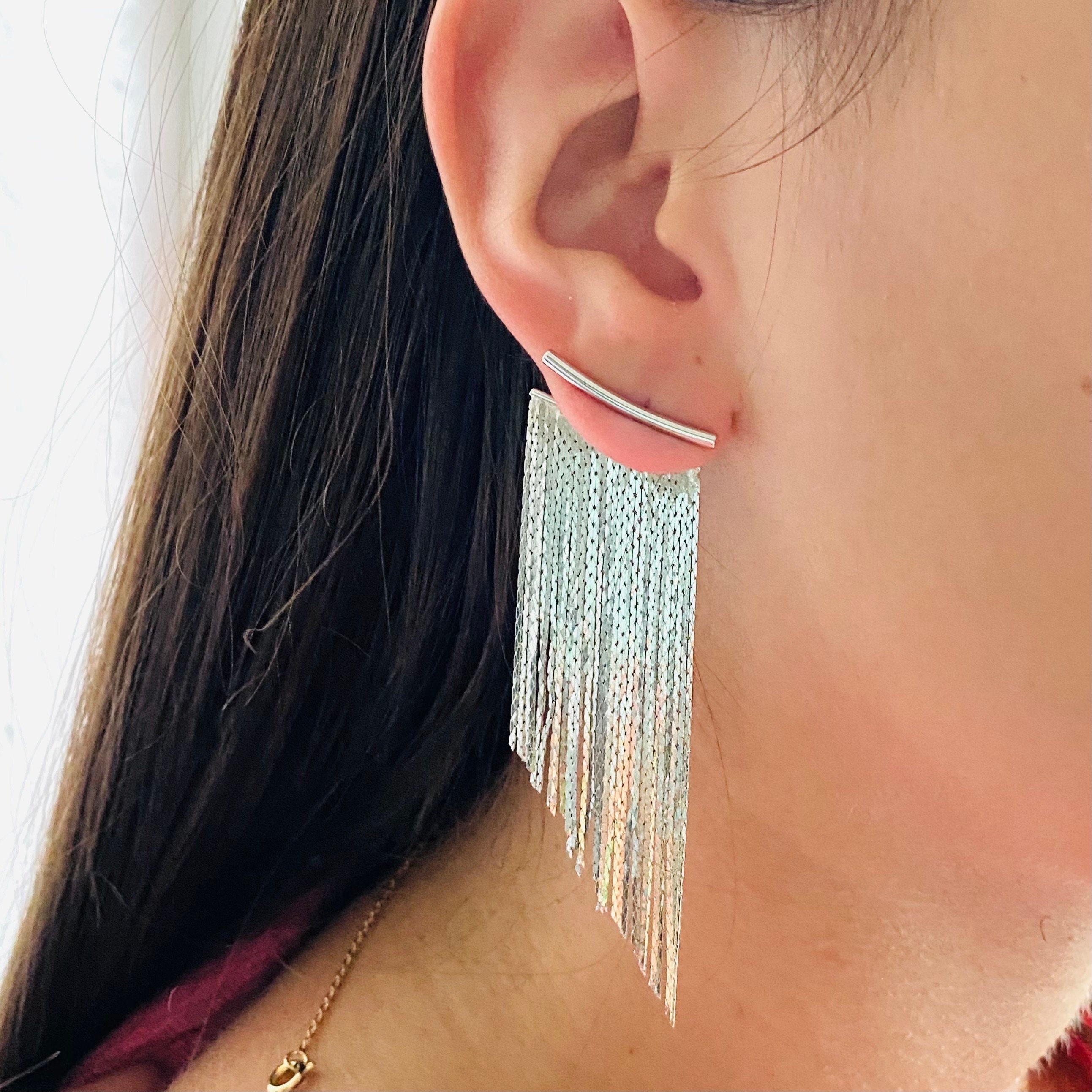 Silver fringe earrings store