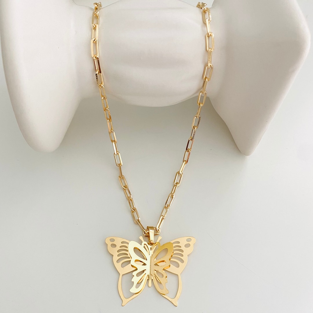 Gold Double Butterfly Pendant Necklace: Paperclip Chain - Etsy